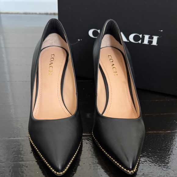 Coach | Shoes | Coach Black Leather Heels With Gold Accents | Poshmark